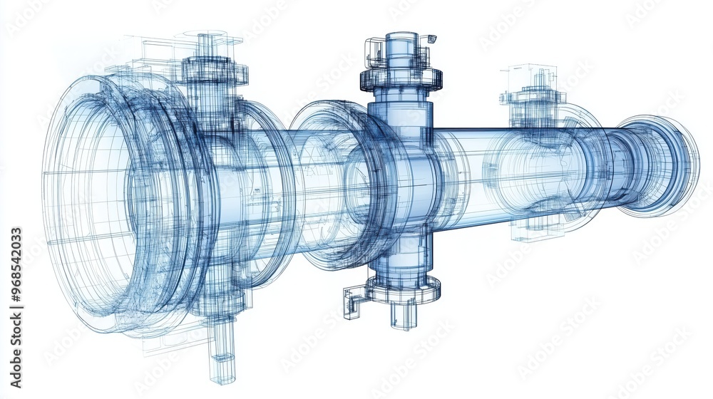 Vector rendering of an industrial valve in wire-frame style with ...