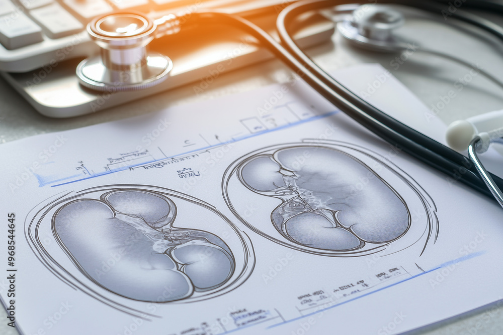 Medical chart showing kidney function results with a stethoscope and ...