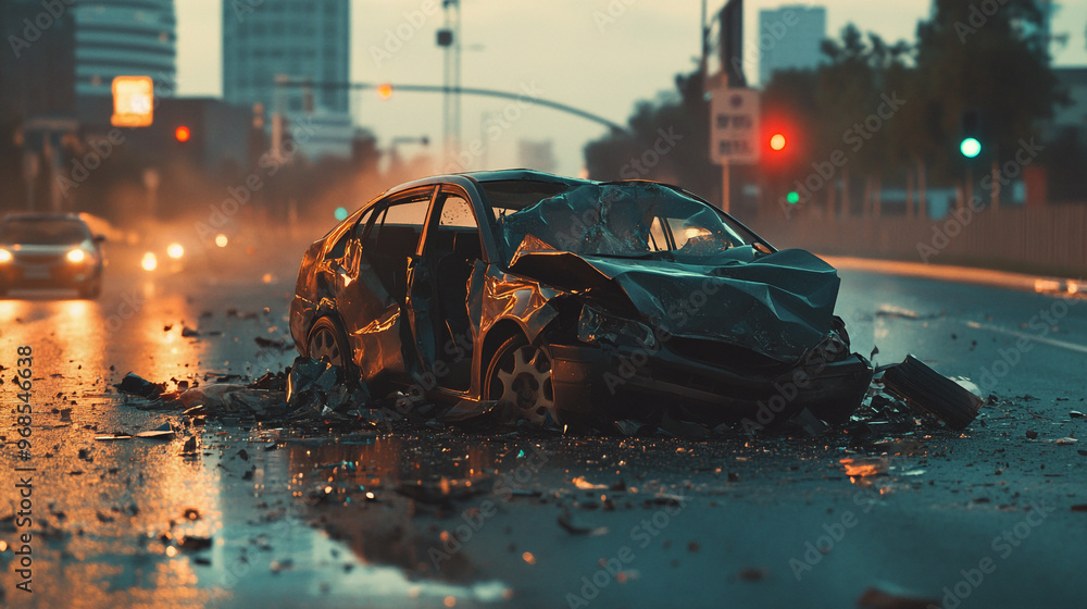 Severely damaged car on a busy street during twilight after a major ...