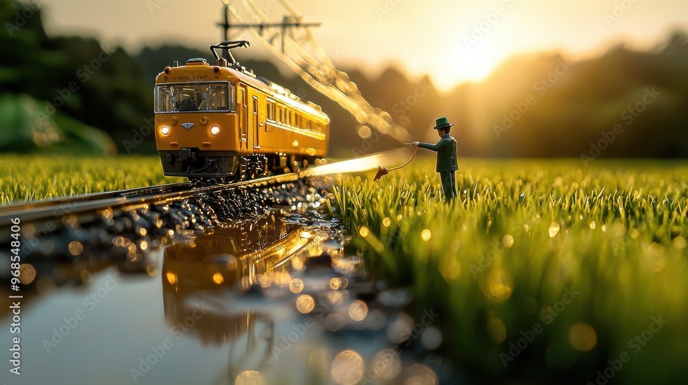 Miniature Train Conductor in Lush Rice Field Setting | Tiny Model Train ...