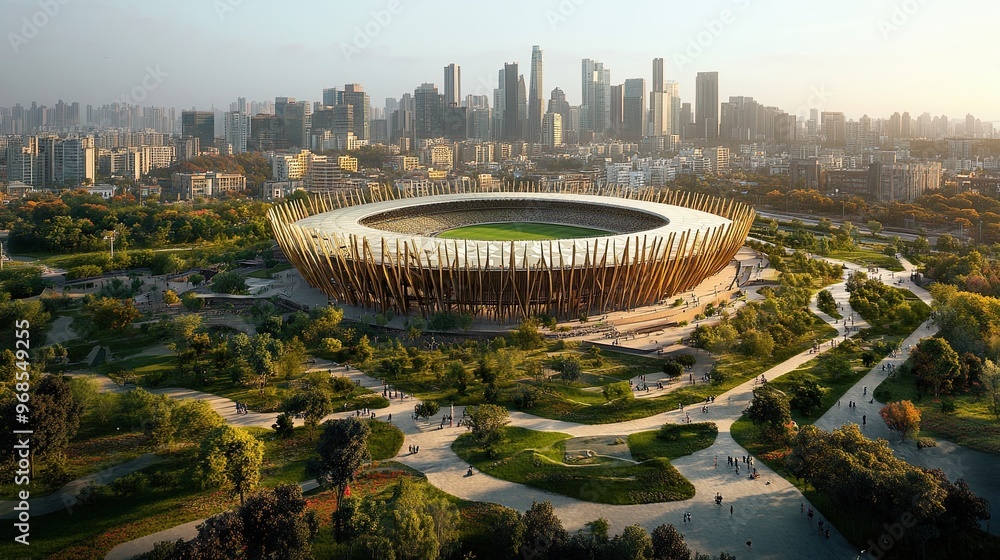 42. A stadium in an urban setting, with a sleek, minimalist design and ...