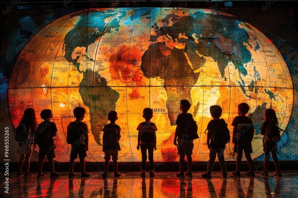 Children admire a colorful world map, exploring geography and fostering ...