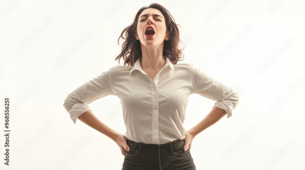 Woman shouting while standing tall, both hands on hips, pure white ...