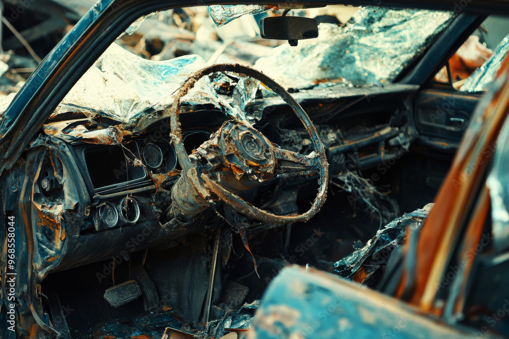 Inside view of crashed car burnt dashboard and deflated airbag. Damaged ...