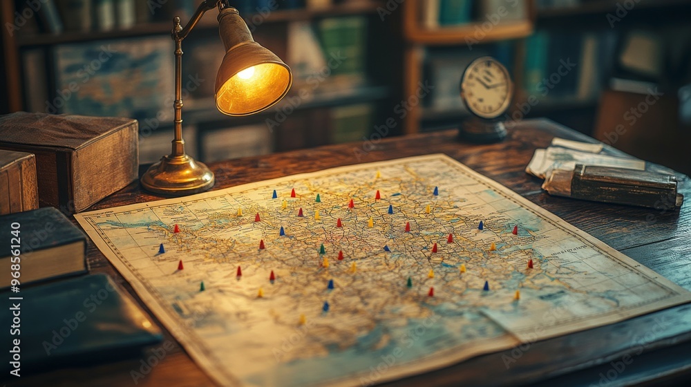 A large wall map with colored pins marking important locations, dimly ...