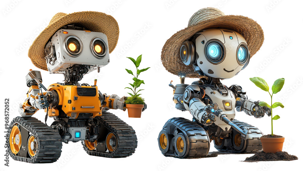 Farming robot with straw hat planting in pot, futuristic agricultural ...