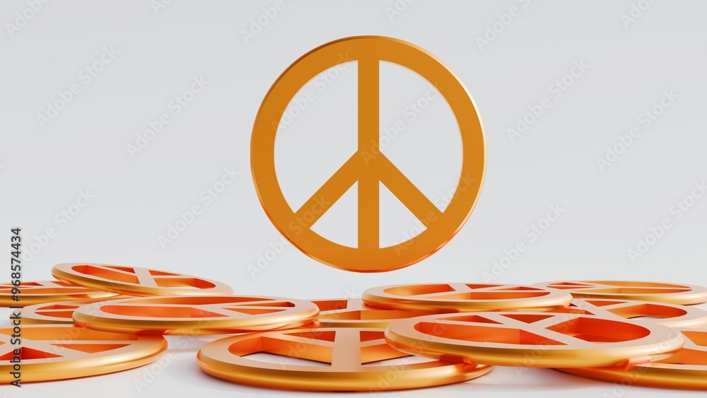 A 3D rendering of scattered gold peace symbol. it is a widely ...