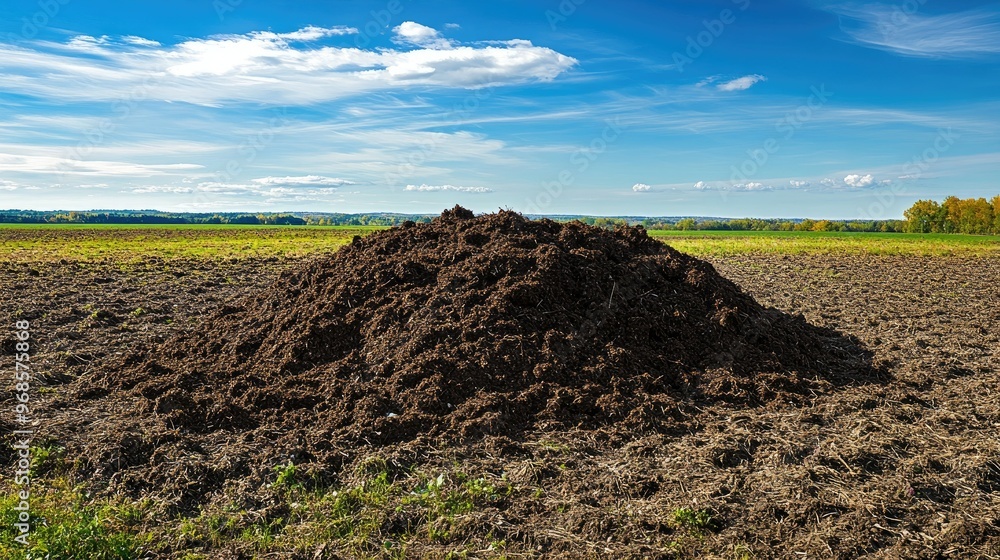 Fertile manure pile on a farm field, waiting to be spread for crop ...