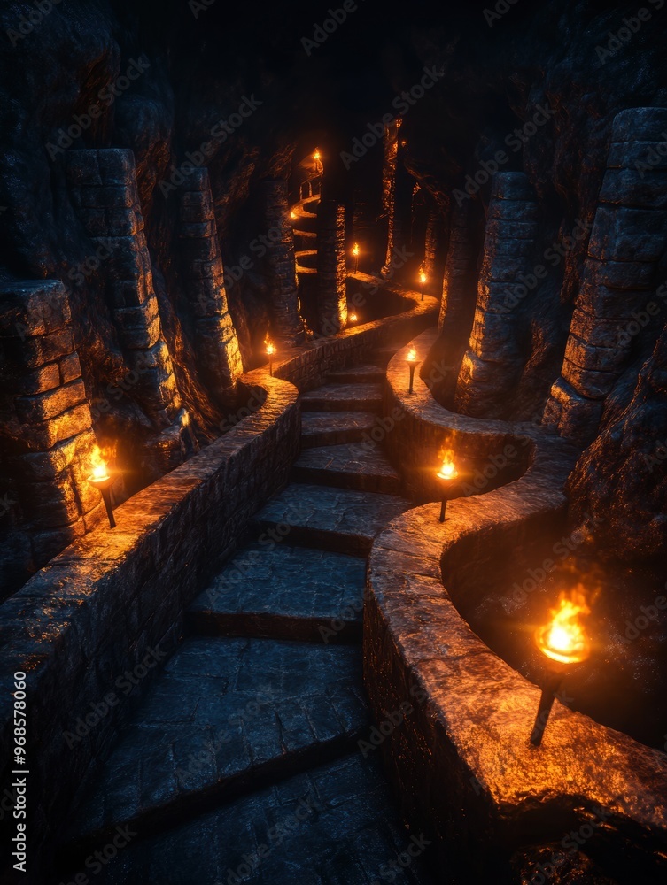 underground stone maze with flickering torches lighting the way through ...
