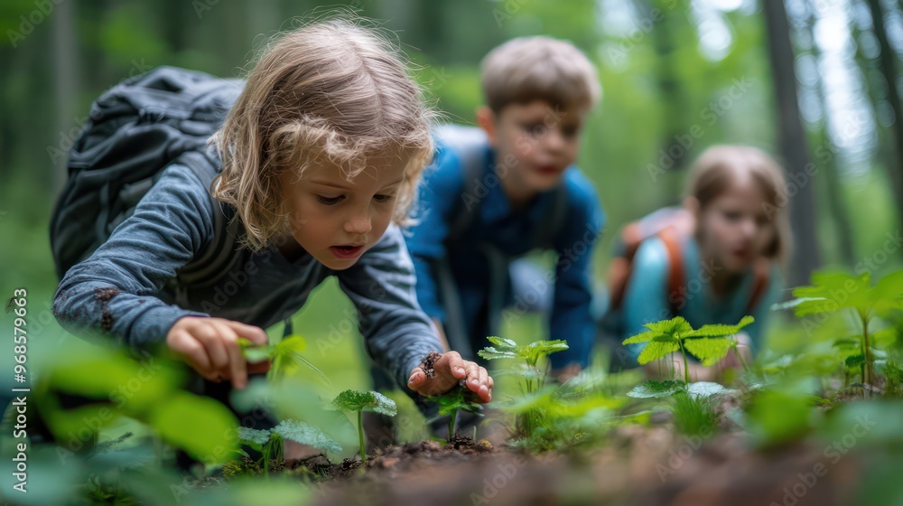 Kids engaged in nature learning, identifying plants and animals in the ...