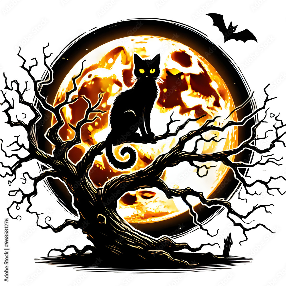 Halloween Bat and Tree with Black Cat Theme Clipart in Png, Unique ...