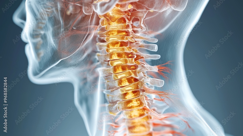 Detailed view of cervical spine with nerves. Highly detailed ...