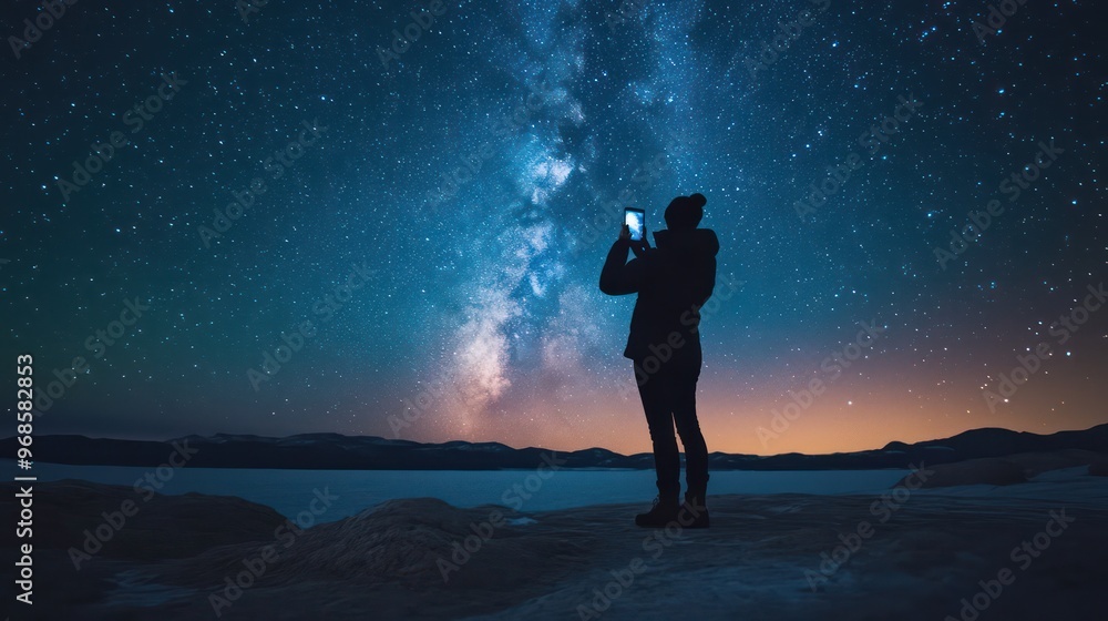 Under the starry sky Travelers use their phones with travel kits. To ...