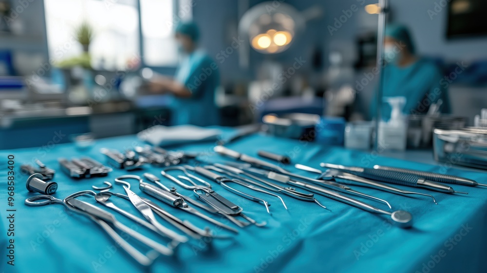 Surgical instruments on sterile table in operating room. Set of ...