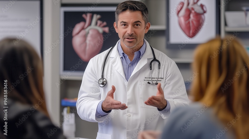 Male doctor giving medical lecture on heart anatomy. Male doctor ...