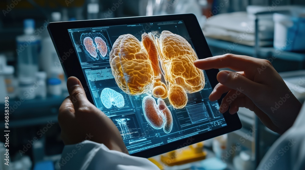 Doctor reviewing brain scan on tablet. Doctor in a lab reviewing a ...