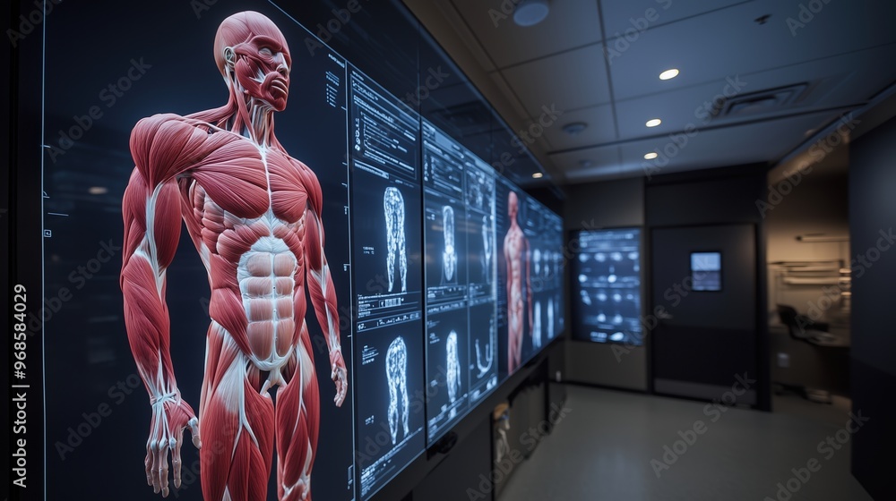 Detailed digital display of the human muscular system is used in a ...