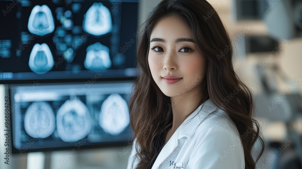 Young Doctor Reviewing Brain MRI Scans. Young doctor reviews brain MRI scans on a digital screen ...