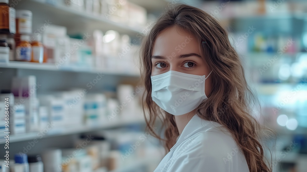 Female Pharmacist with Face Mask in Pharmacy. Female pharmacist wearing ...