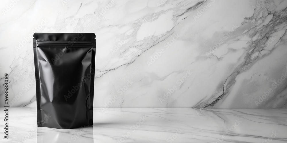 Black doypack pouch tilted at an angle placed on a smooth white marble ...