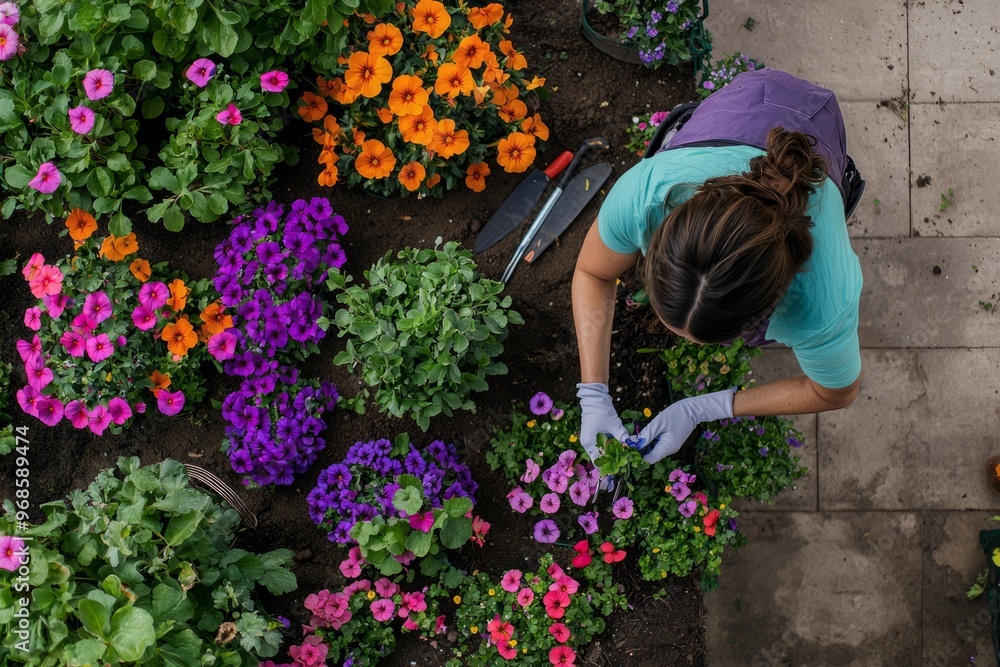 Female florist planting a new batch of flowers in a garden bed. The ...