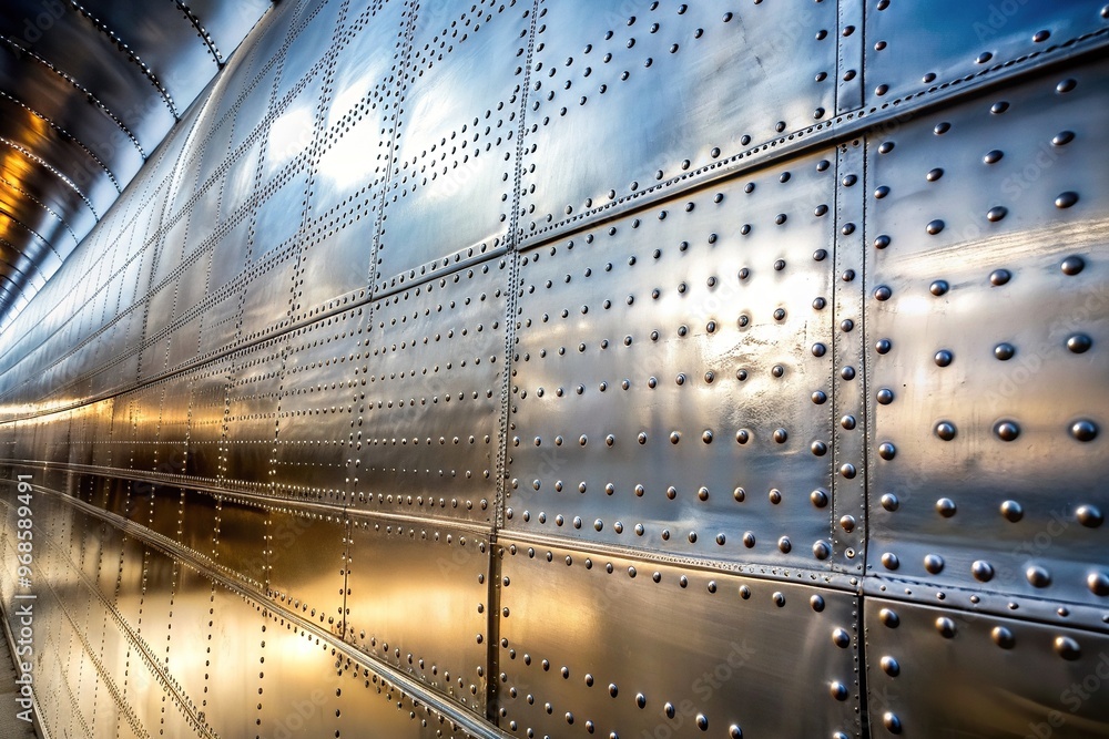 Textured metal aluminum surface of an aircraft fuselage shown from a ...