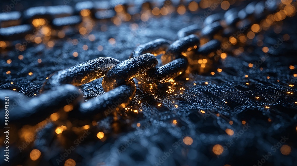 Blockchain network chains connecting in the background as a man manages ...