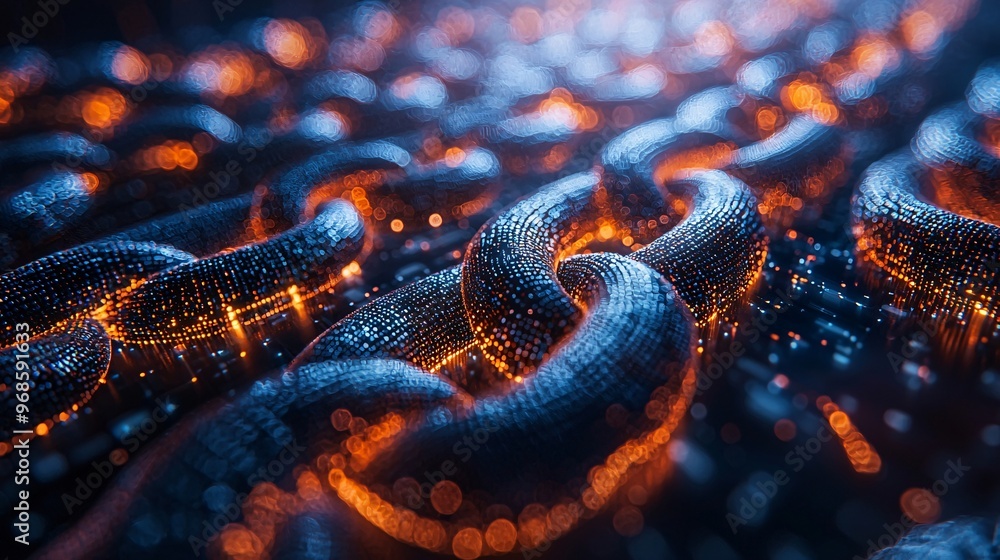 Blockchain network chains connecting in the background as a man manages ...