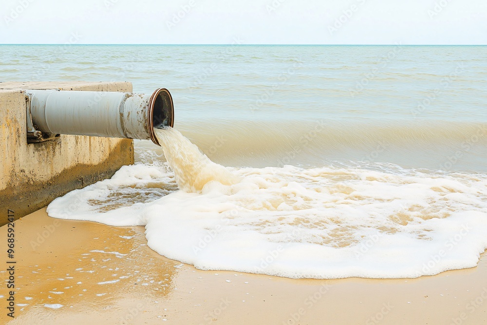 A drainage pipe discharging water into the ocean, highlighting ...