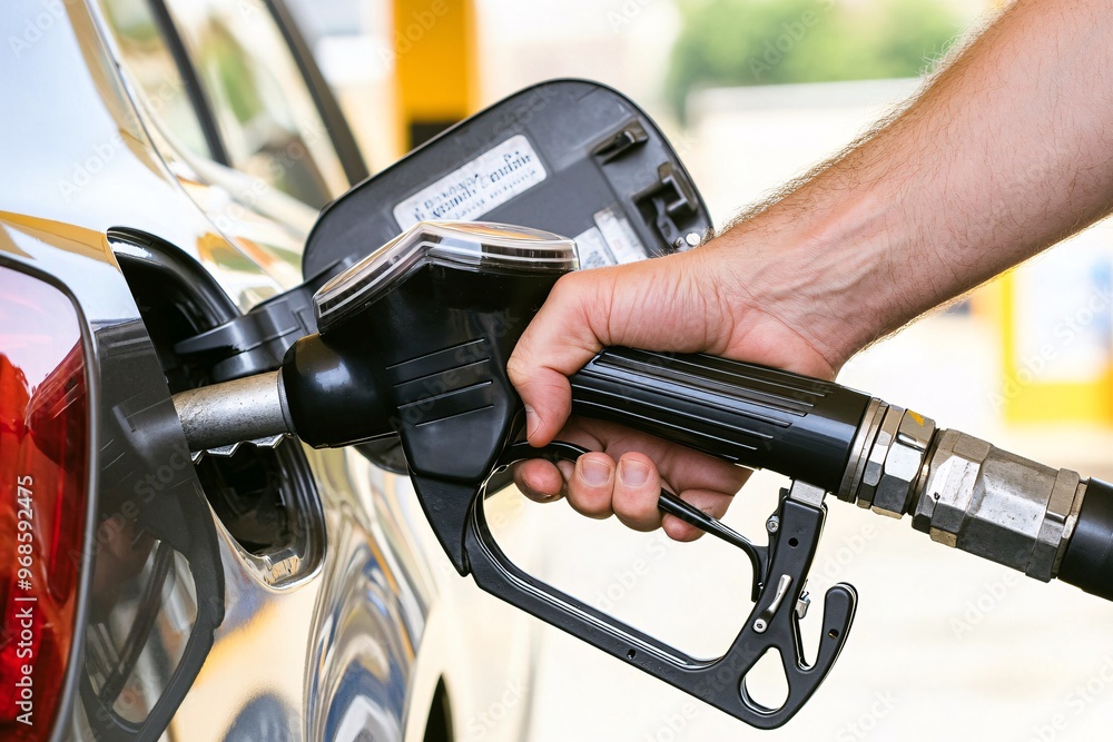 A person refueling a car with gasoline at a service station ...