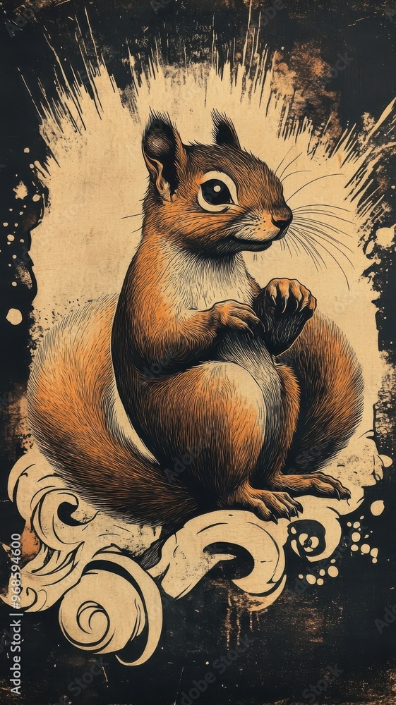 Woodblock print style, a squirrel shown with bold lines and traditional ...