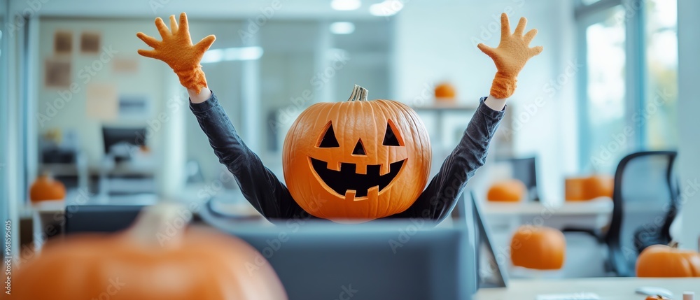 Happy employee in a Halloween-themed office, wearing a pumpkin head and ...
