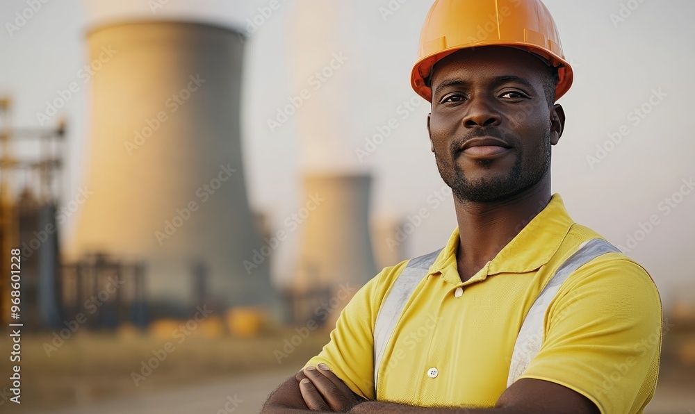 Power Plant Worker Standing Proudly with Arms Crossed in Front of Power ...