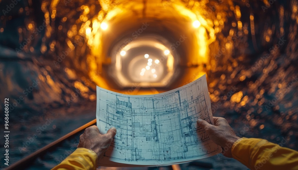 Close-up of hands holding blueprints for an underground tunnel, with ...