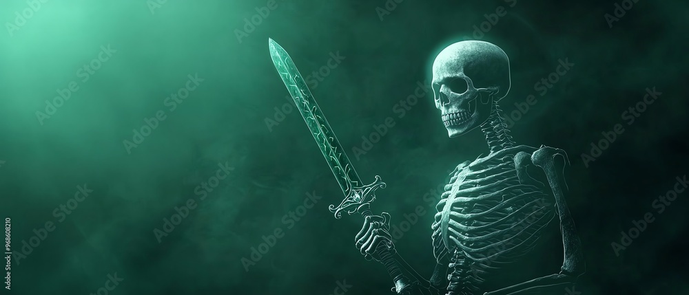 A spooky skeleton holding a sword, shrouded in misty green hues ...