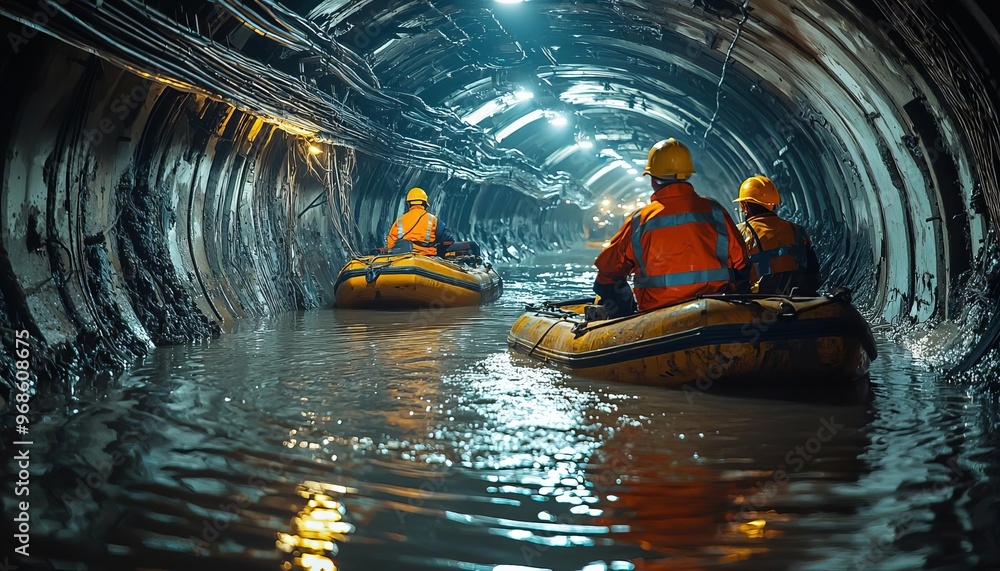 Deep underground tunnel filled with water, workers in boats surveying ...