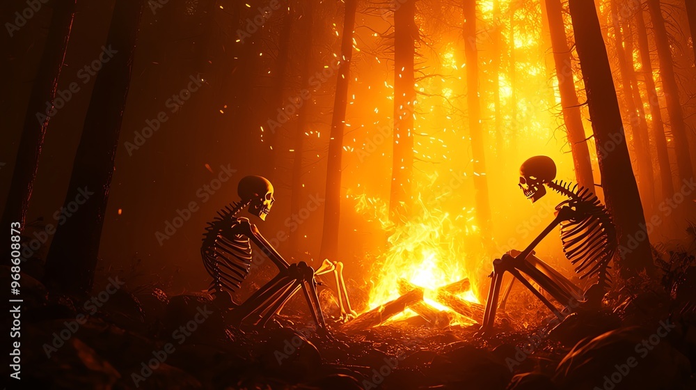 Two skeletons sit around a glowing campfire in a dark forest, creating ...