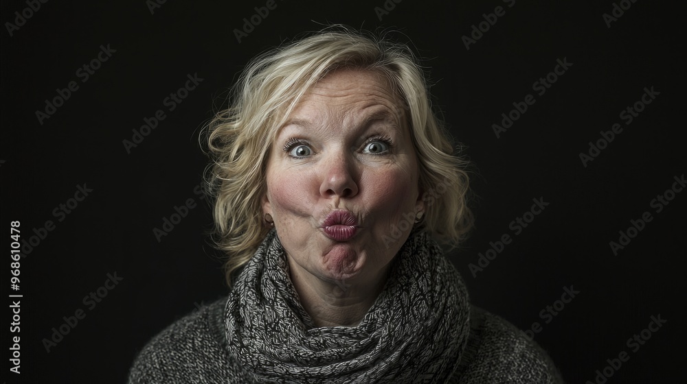 Happy blonde woman in 50 yo, black background, portrait, mouth rounded ...