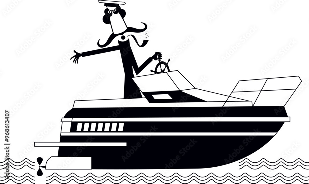 Cartoon captain with a pipe rides a boat. The ship. Brave captain rides ...