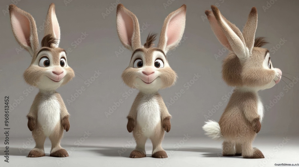 A cute cartoon rabbit character shown from three angles for design ...