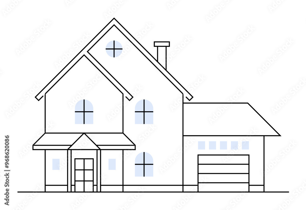 Simple, modern two-story house with a garage and blue windows, drawn in ...