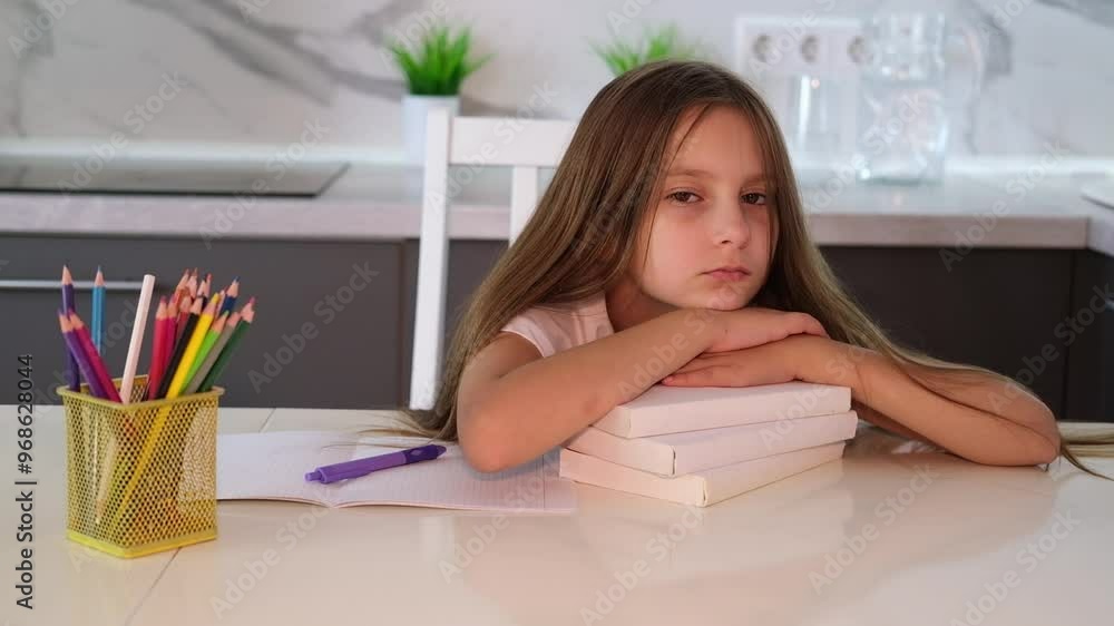 Portrait of tired, sad girl falling asleep at table while doing her ...