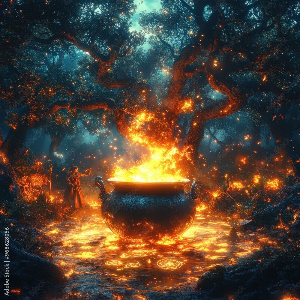 Witches Cauldron in a Spooky Forest - A bubbling cauldron surrounded by ...