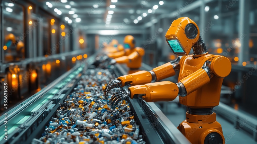 AI-assisted recycling robots sorting waste in futuristic recycling plants: Robots analyzing and ...