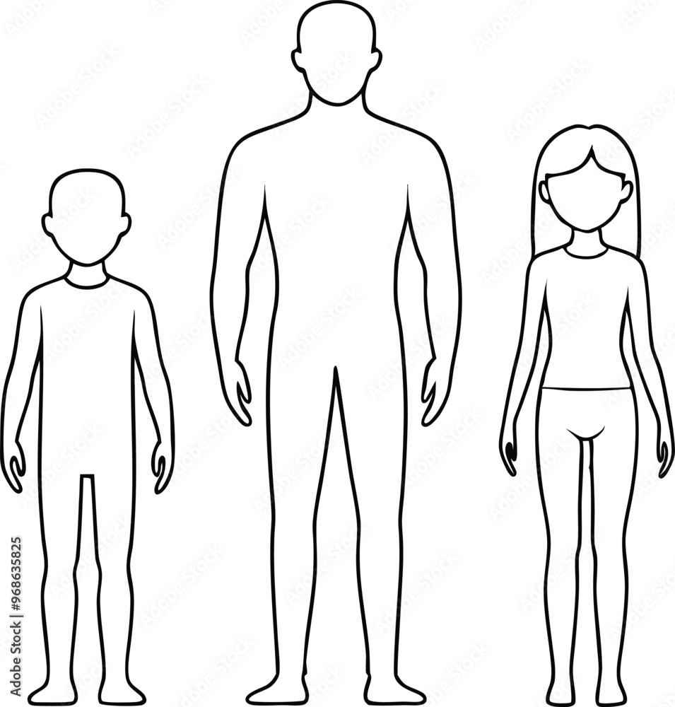 Adult man, woman and child body chart, front view. Blank human body ...