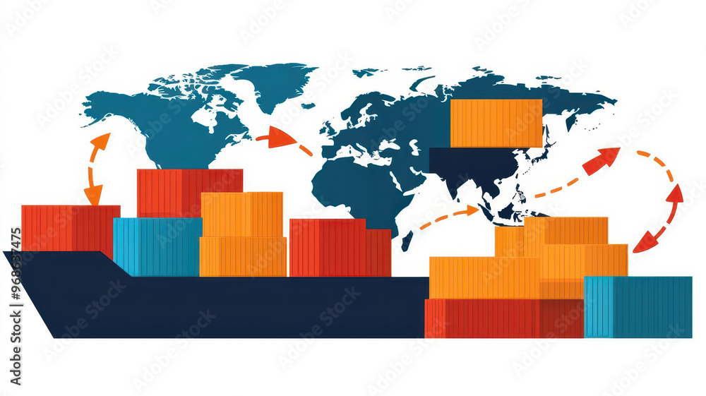 Infographic showing the flow of goods in a global supply chain, with ...