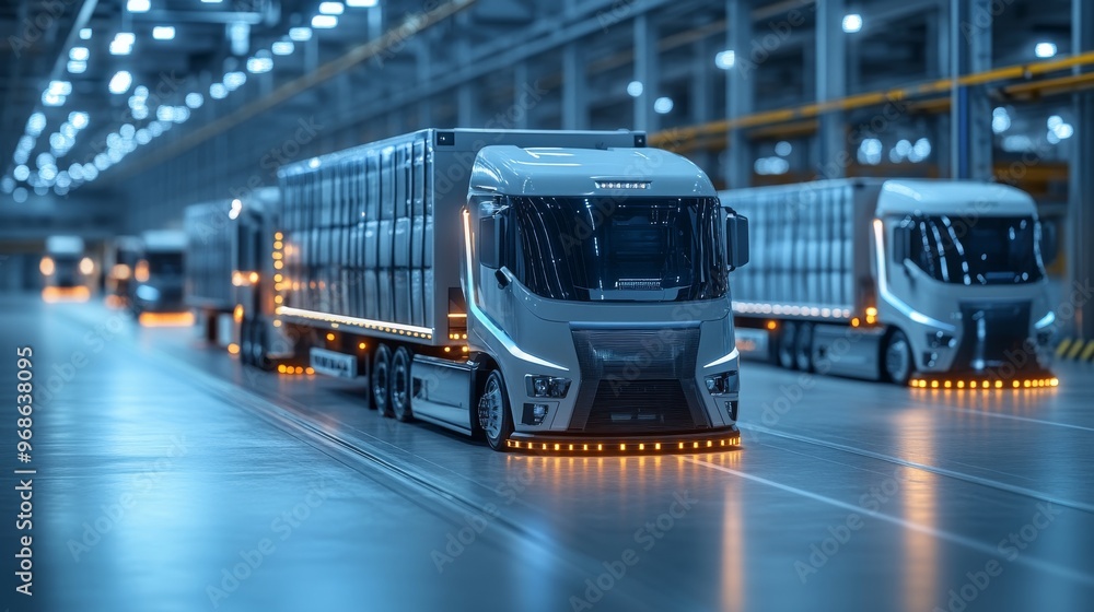 AI-guided self-driving trucks in a futuristic logistics hub: Autonomous ...