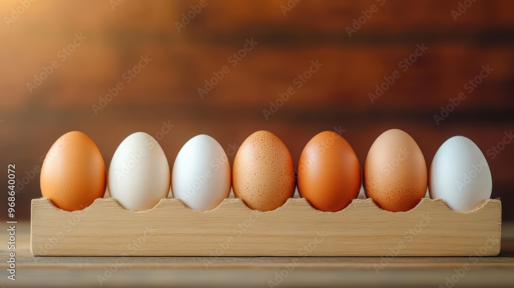 Rows of colorful heritage breed eggs in a vintage wooden incubator ...