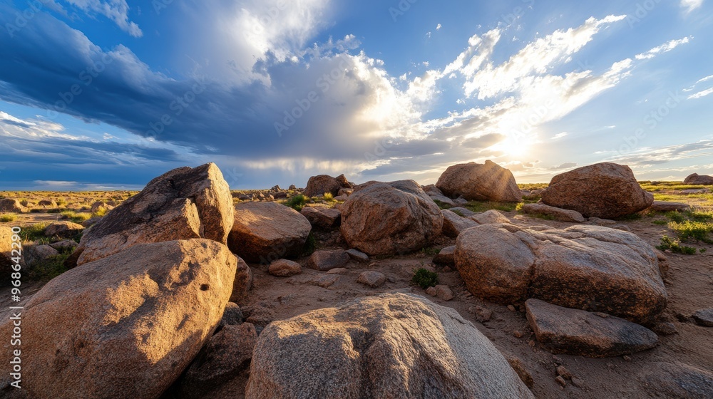 A field of large granite boulders spread across the landscape under a ...