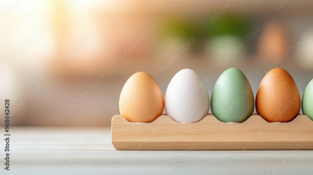 Rows of colorful heritage breed eggs in a vintage wooden incubator ...